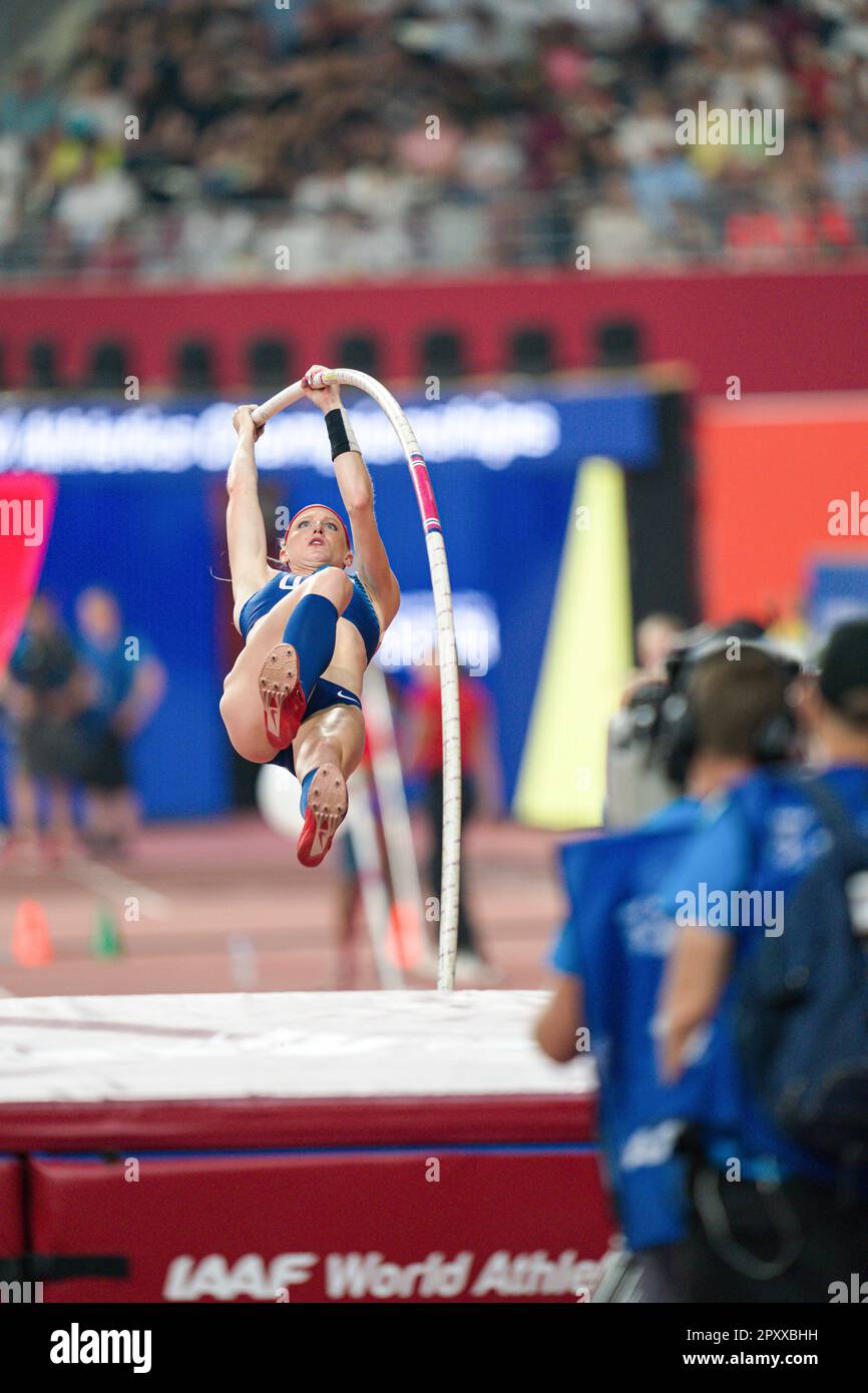 Sandi Morris participating in the pole vault at the Doha 2019 World ...