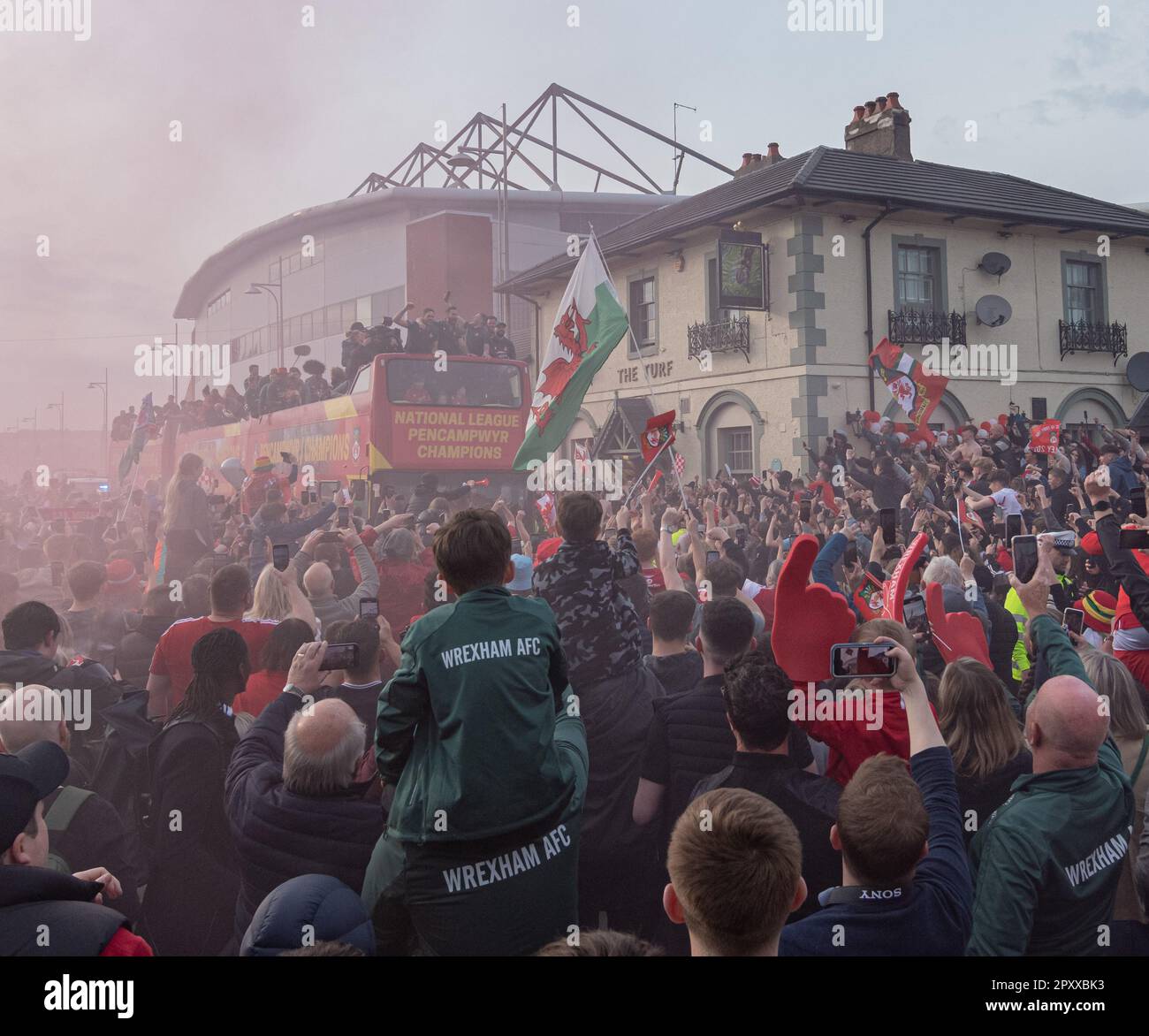 Wrexham, Wrexham County Borough, Wales. 2nd May 2023. Fans and players ...