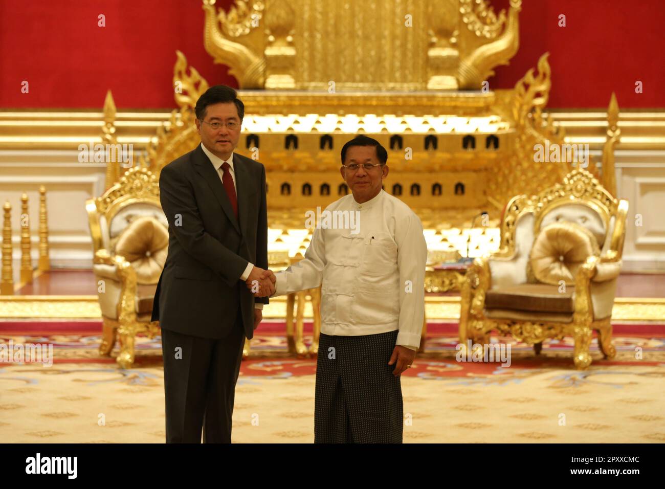 Nay Pyi Taw, Myanmar. 2nd May, 2023. Myanmar leader Min Aung Hlaing (R ...