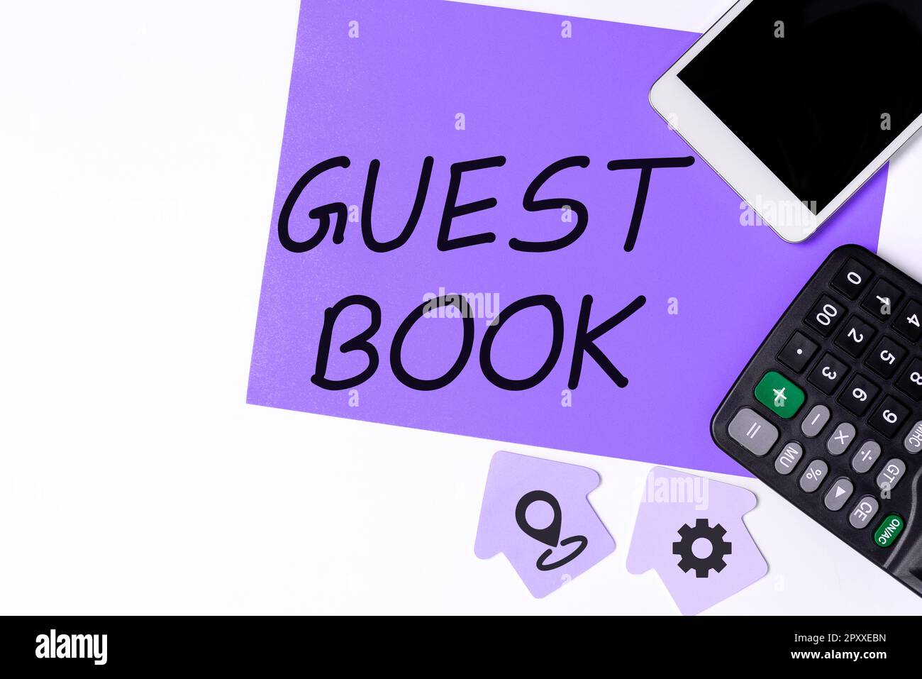 Handwriting text Guest Book, Word Written on electronic means for a ...