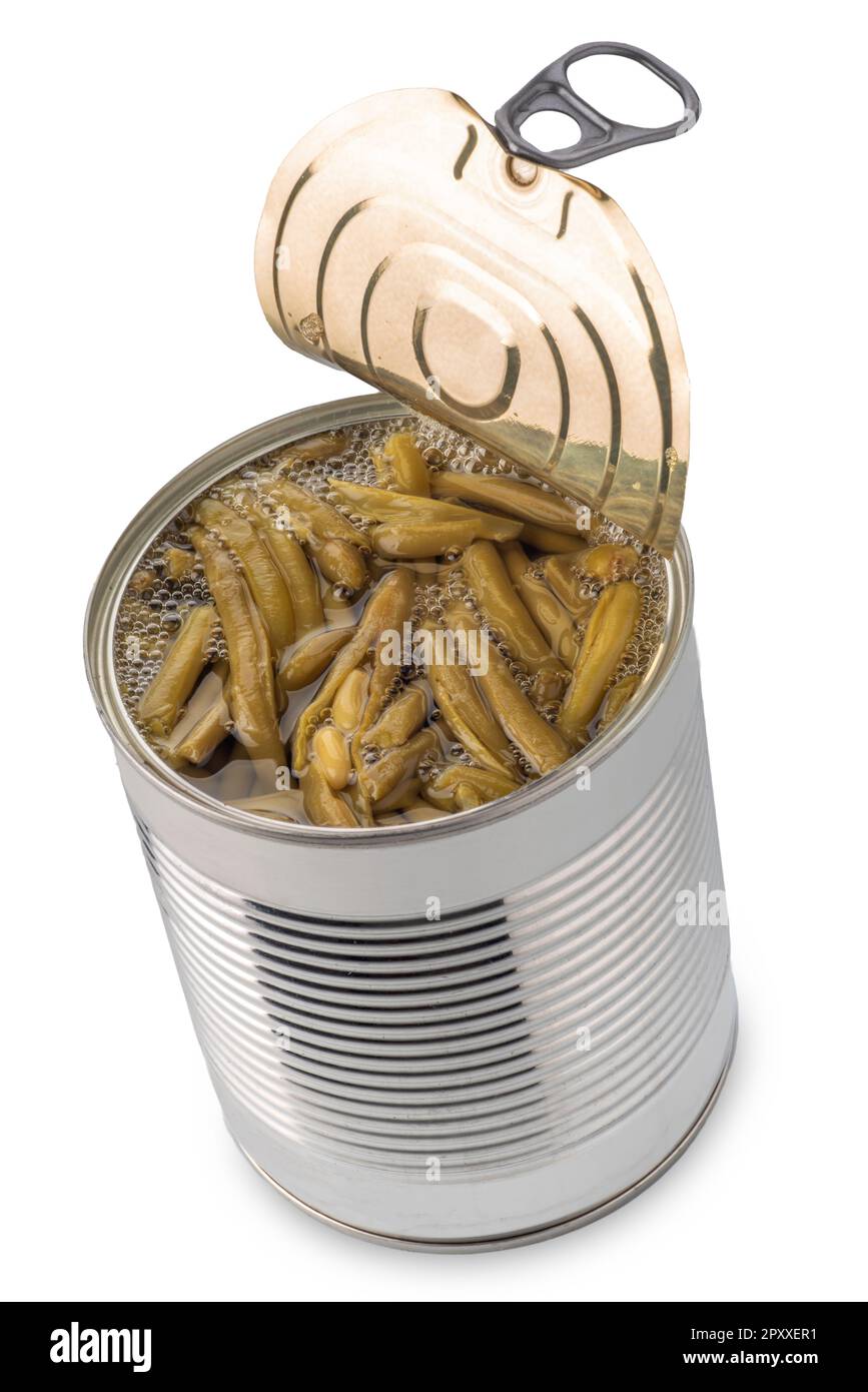 Open food tin can with pickled green beans, isolated on white, clipping ...