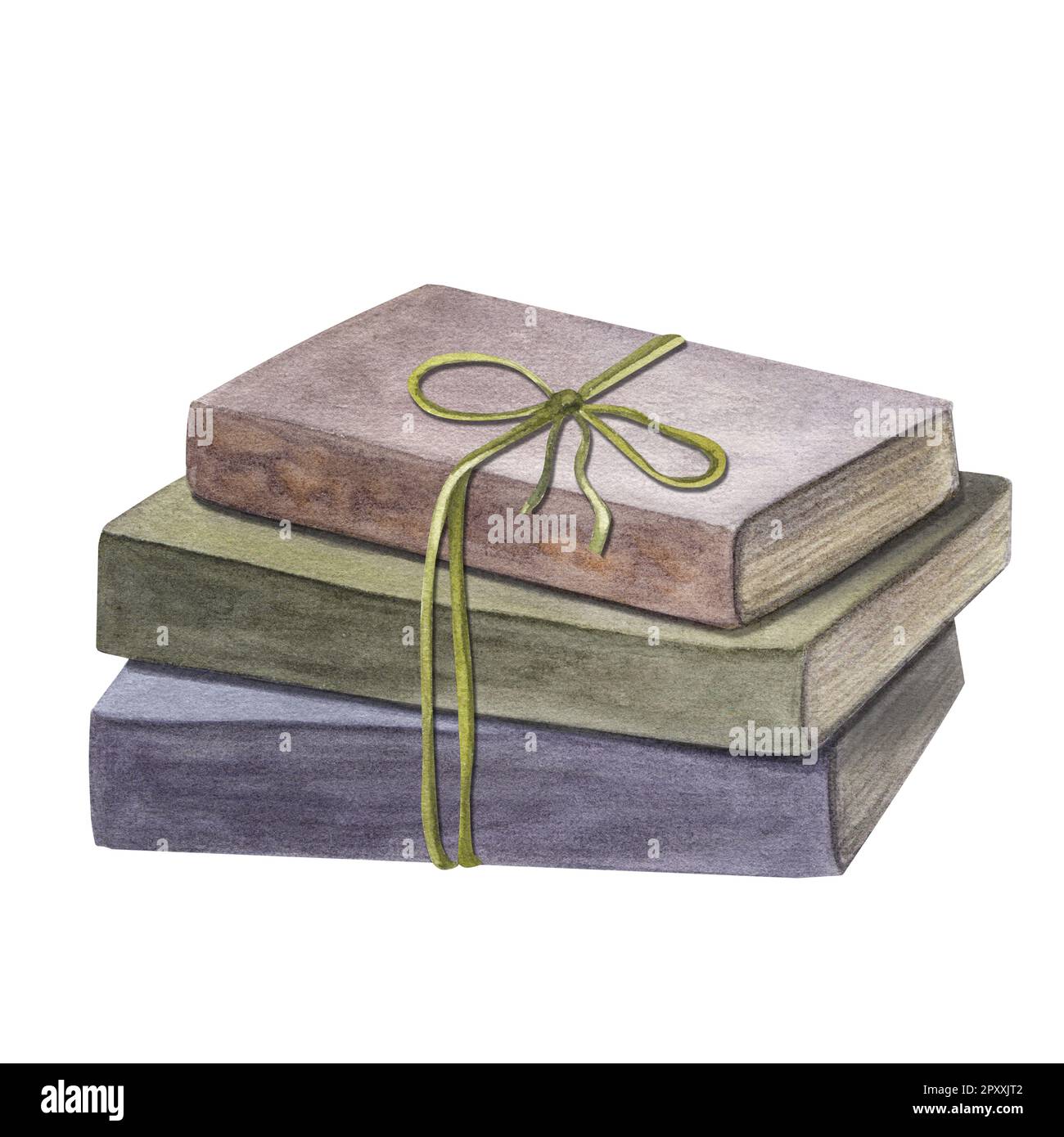 Stack of old vintage books tied with ribbon. Hand-drawn watercolor ...