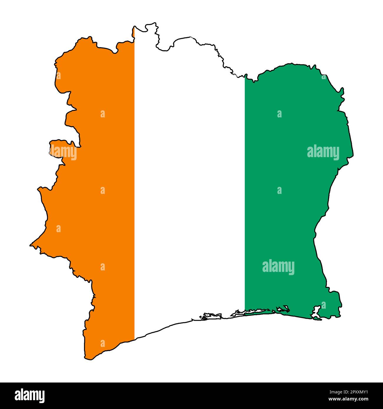 Ivory Coast or Cote d’Ivoire flag outline silhouette map over a white ...