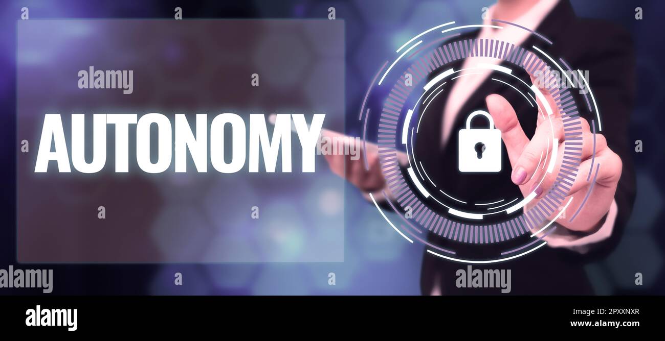 Hand writing sign Autonomy, Business overview vehicle that can guide itself without human ...