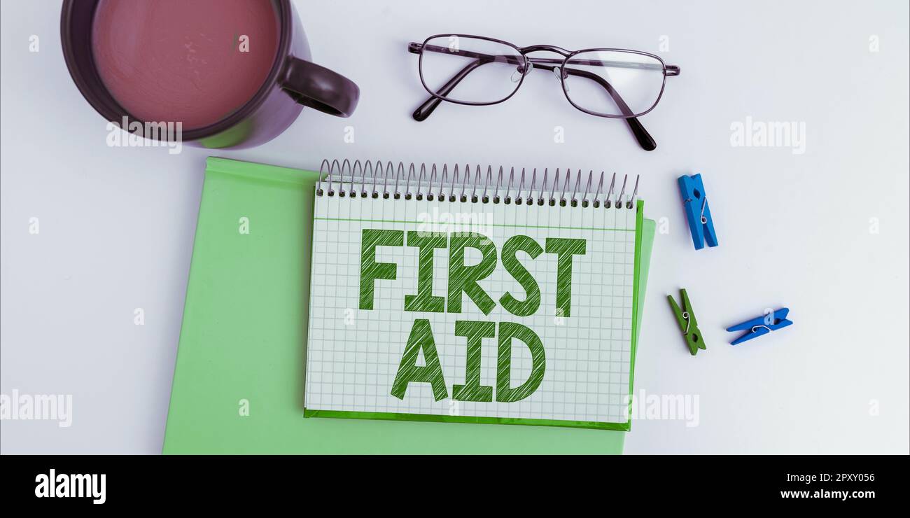 Text caption presenting First Aid, Word Written on Practise of healing ...