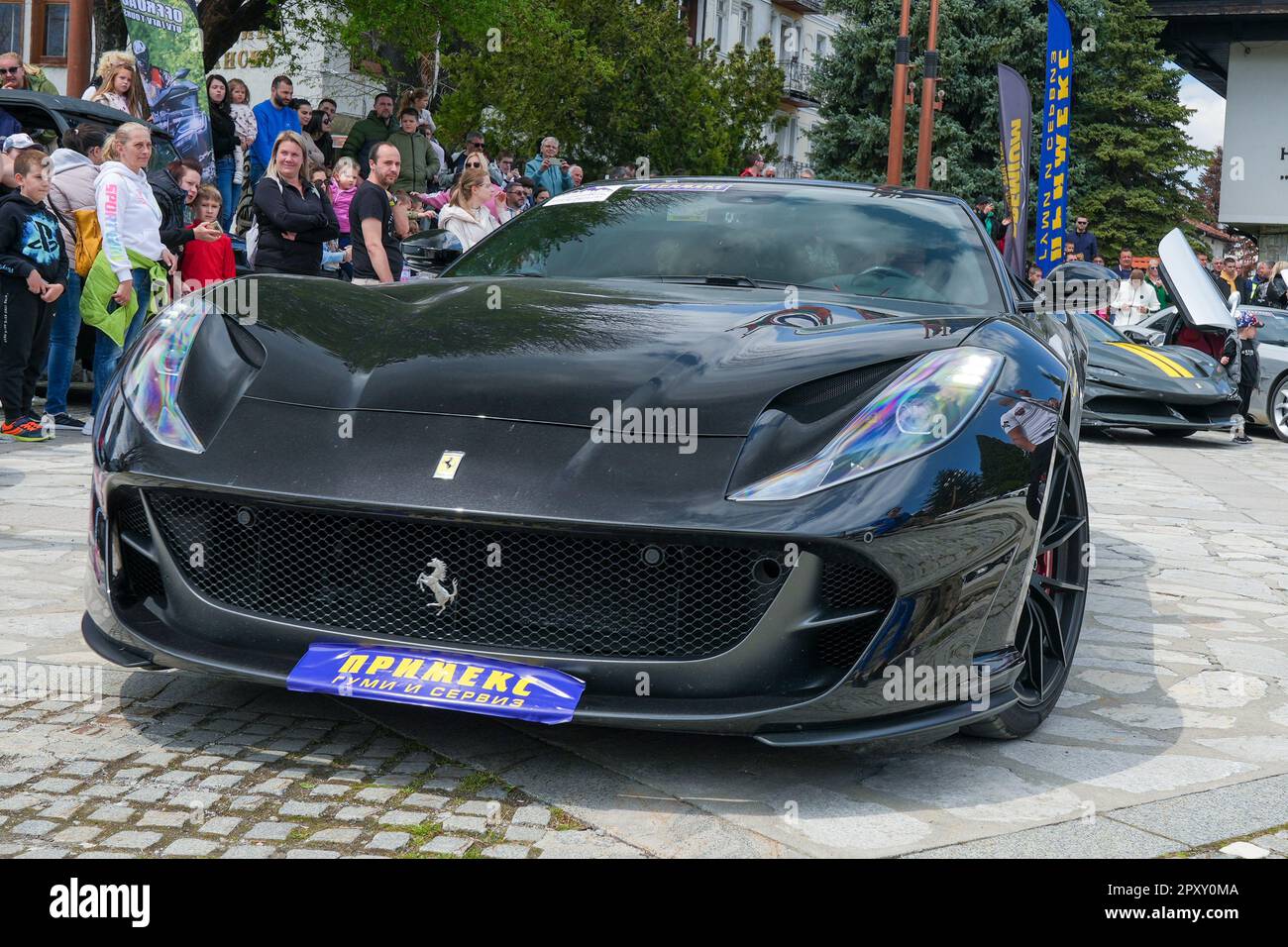 A sleek black Ferrari is parked in front of a lively audience ...
