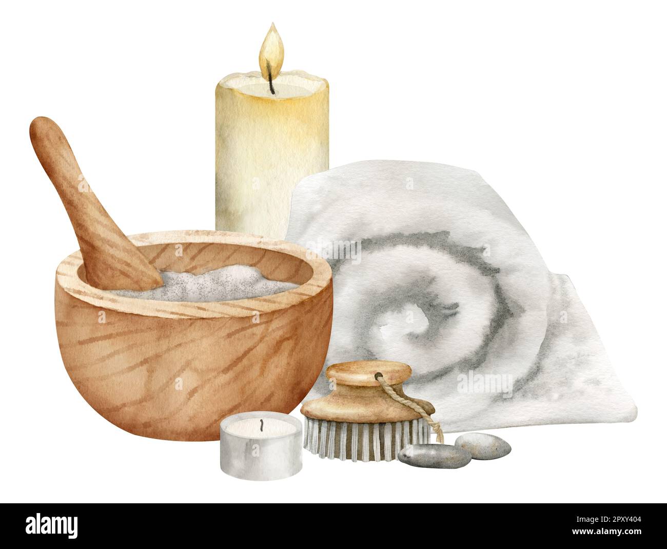 Spa cosmetic with mortar and towel. Hand drawn watercolor illustration ...