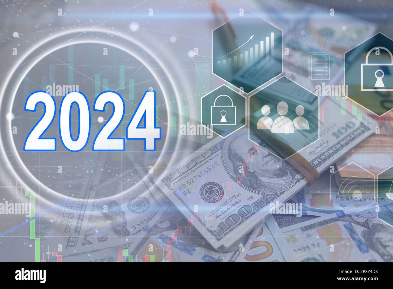 2024 calender year button on digital virtual screen blur background ...