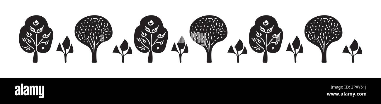 Quirky woodland tree scandi linocut vector border. Washi tape design in ...