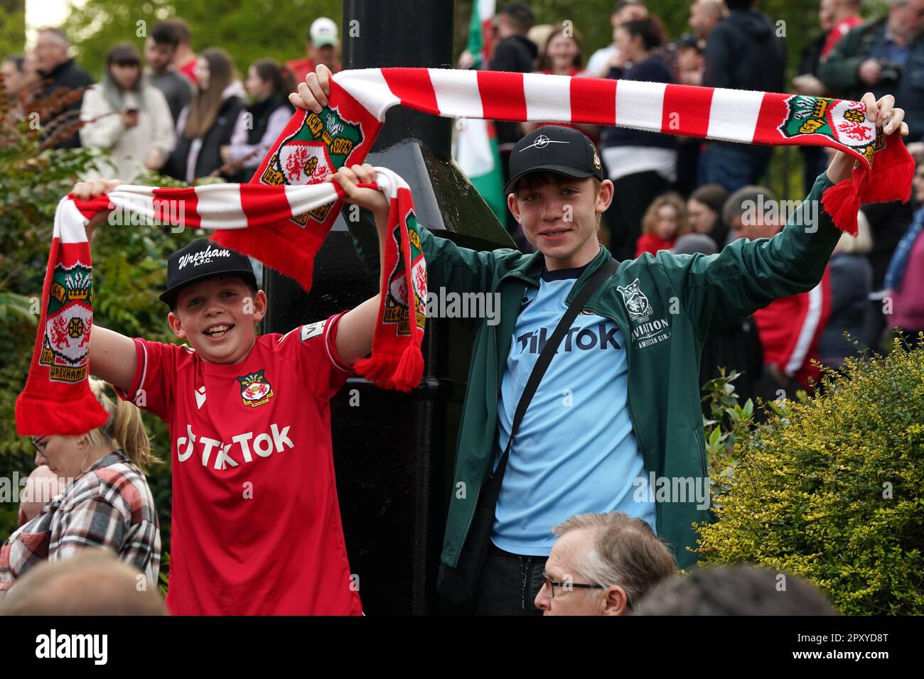 Wrexham fans during a victory parade in Wrexham, Wales. Picture date ...
