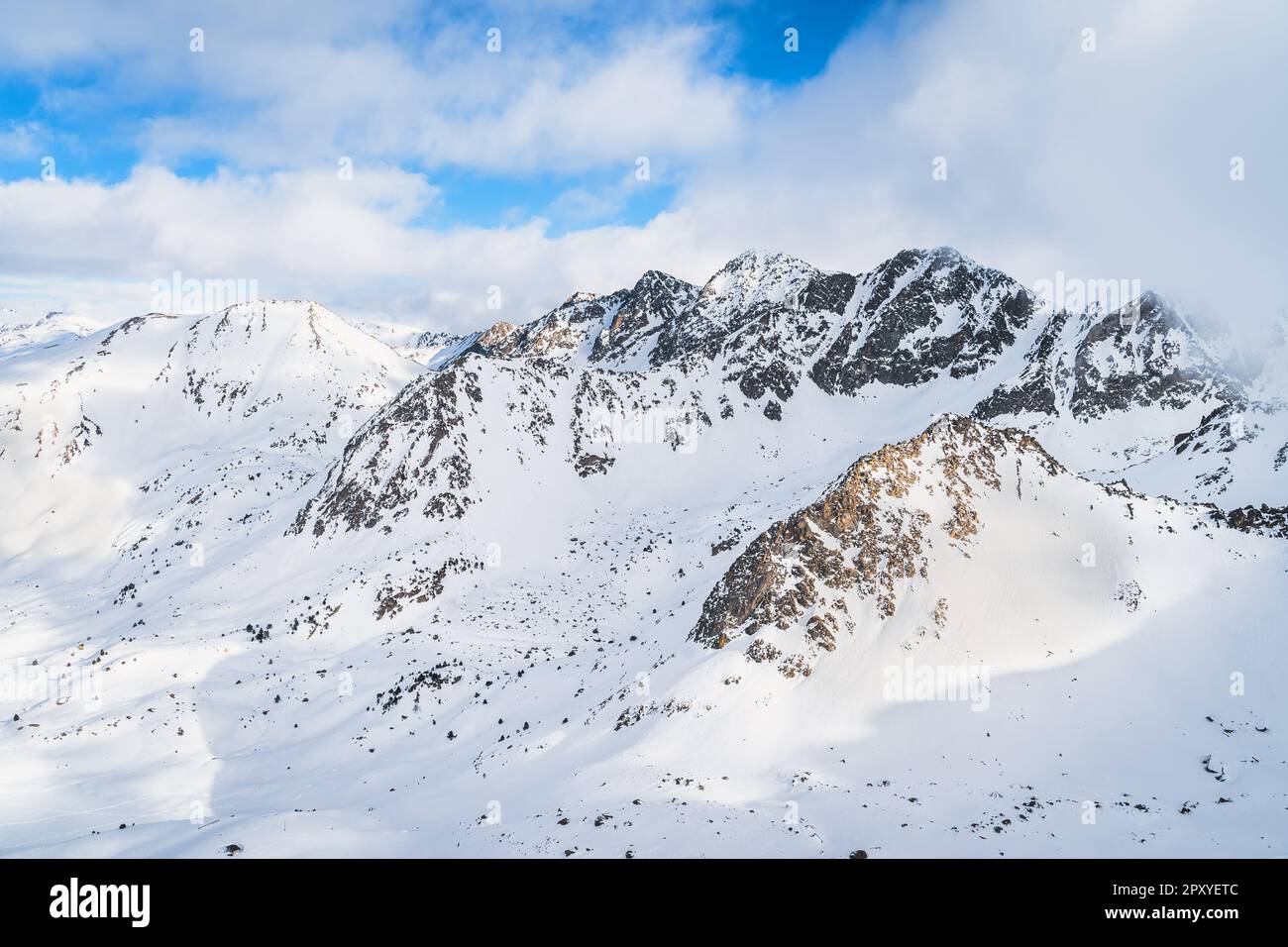 Dramatics mountain landscape with snow capped rocky Pyrenees mountains ...