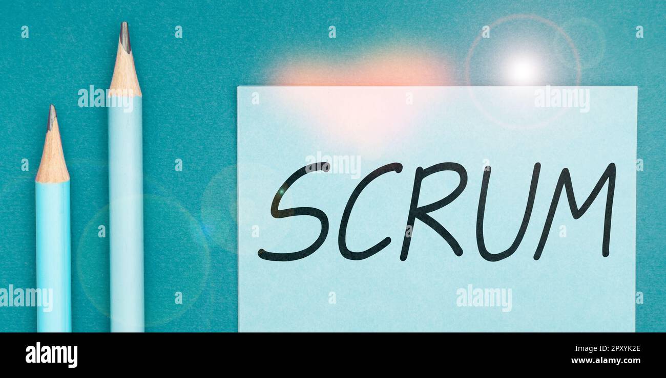 Hand writing sign Scrum, Internet Concept handwriting as distinct from print written characters ...