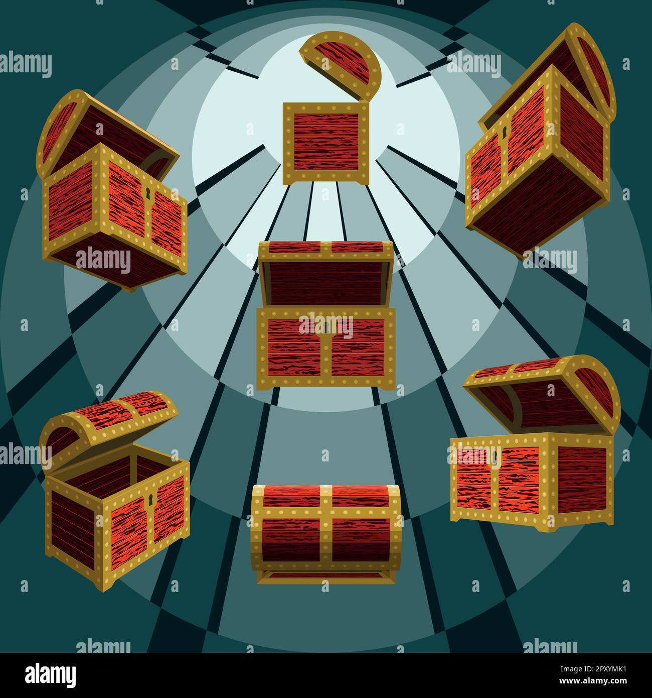 Vector illustration of an ajar empty chests in different angles ...