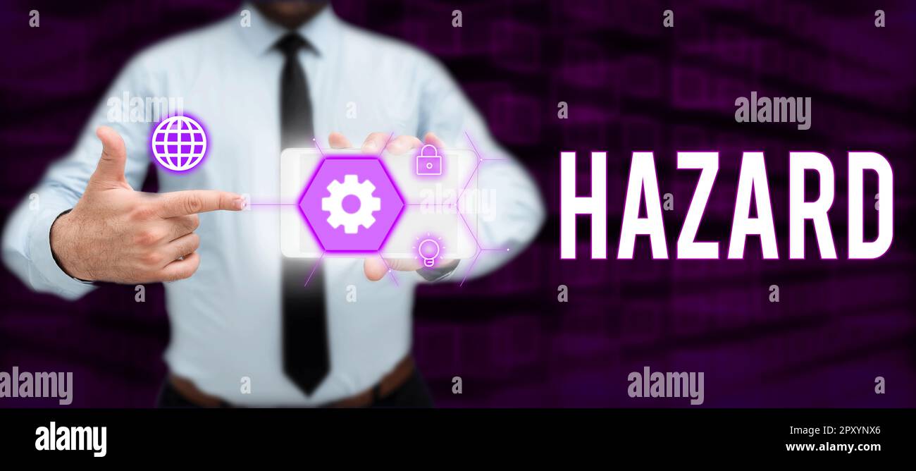 Text caption presenting Hazard, Business approach account or statement ...