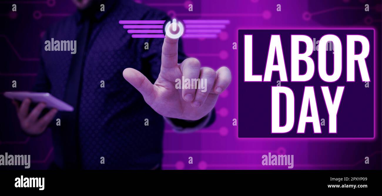 Hand writing sign Labor Day, Word for an annual holiday to celebrate ...