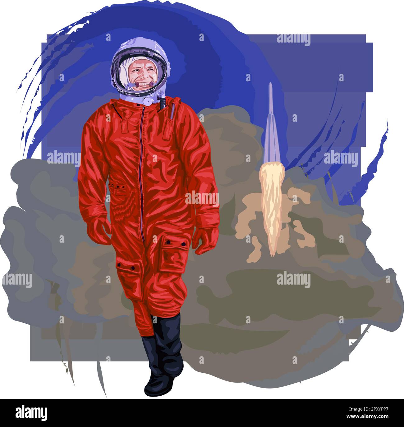 Vector illustration of cosmonaut Yuri Gagarin walking in a spacesuit on ...