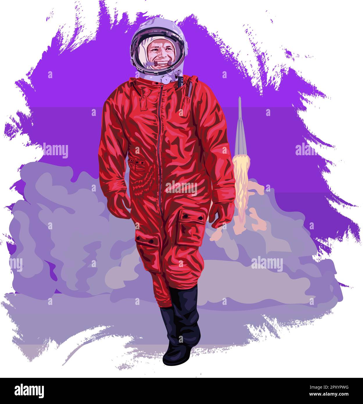 Vector illustration of cosmonaut Yuri Gagarin walking in a spacesuit on ...