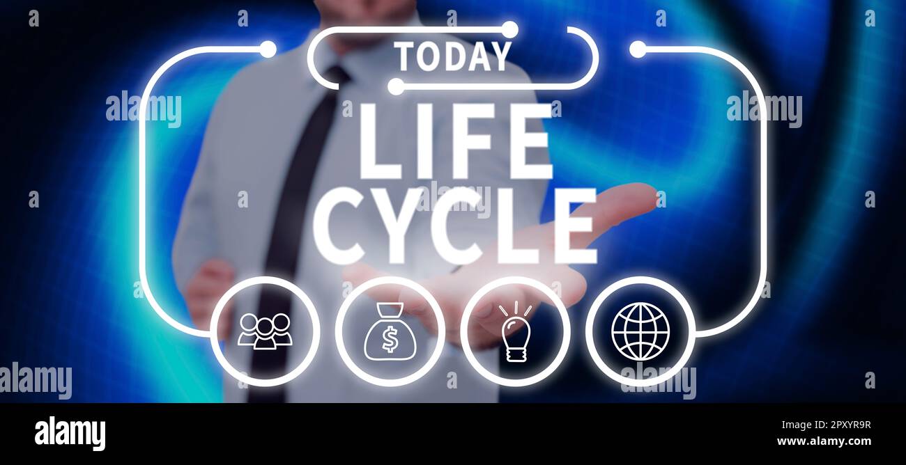 Text caption presenting Life Cycle, Business approach the series of ...