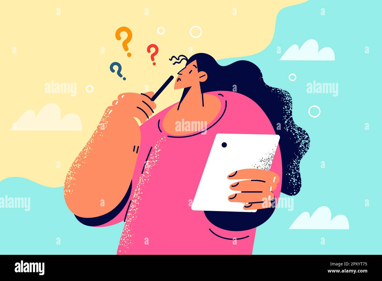 Pensive woman with tablet feel confused think of problem solution ...