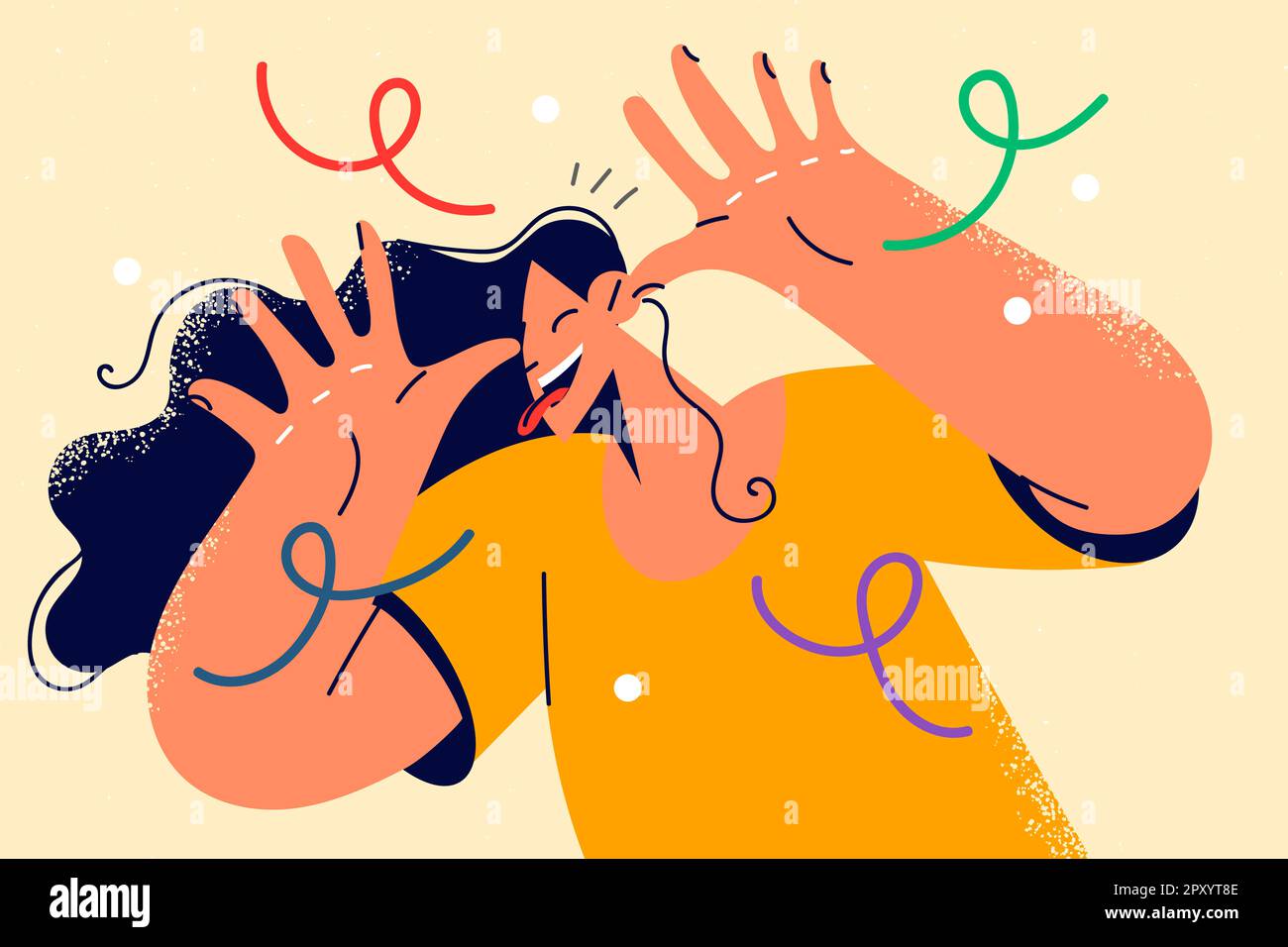 Smiling woman show funny face and hands gesture. Happy millennial girl ...
