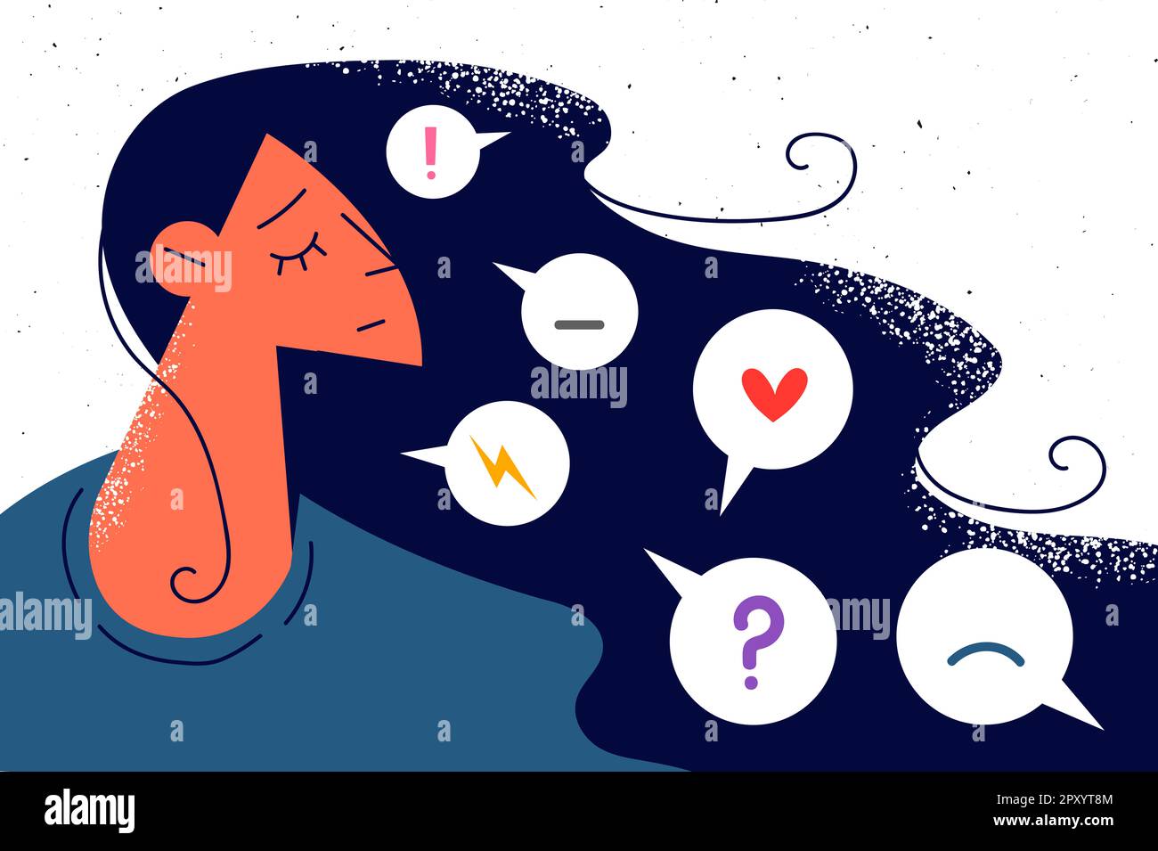 Unhappy woman with emojis in hair suffer from mood swings. Upset girl ...