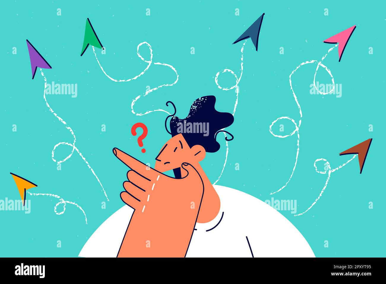 Confused man with arrows facing different directions. Frustrated male ...