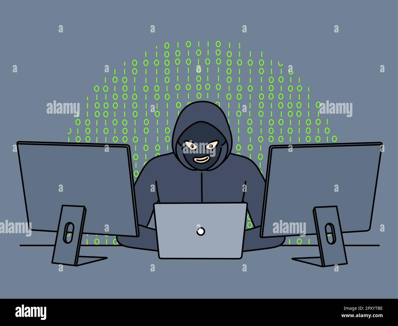 Male hacker in hoodie and mask sit at table work on computers steal ...