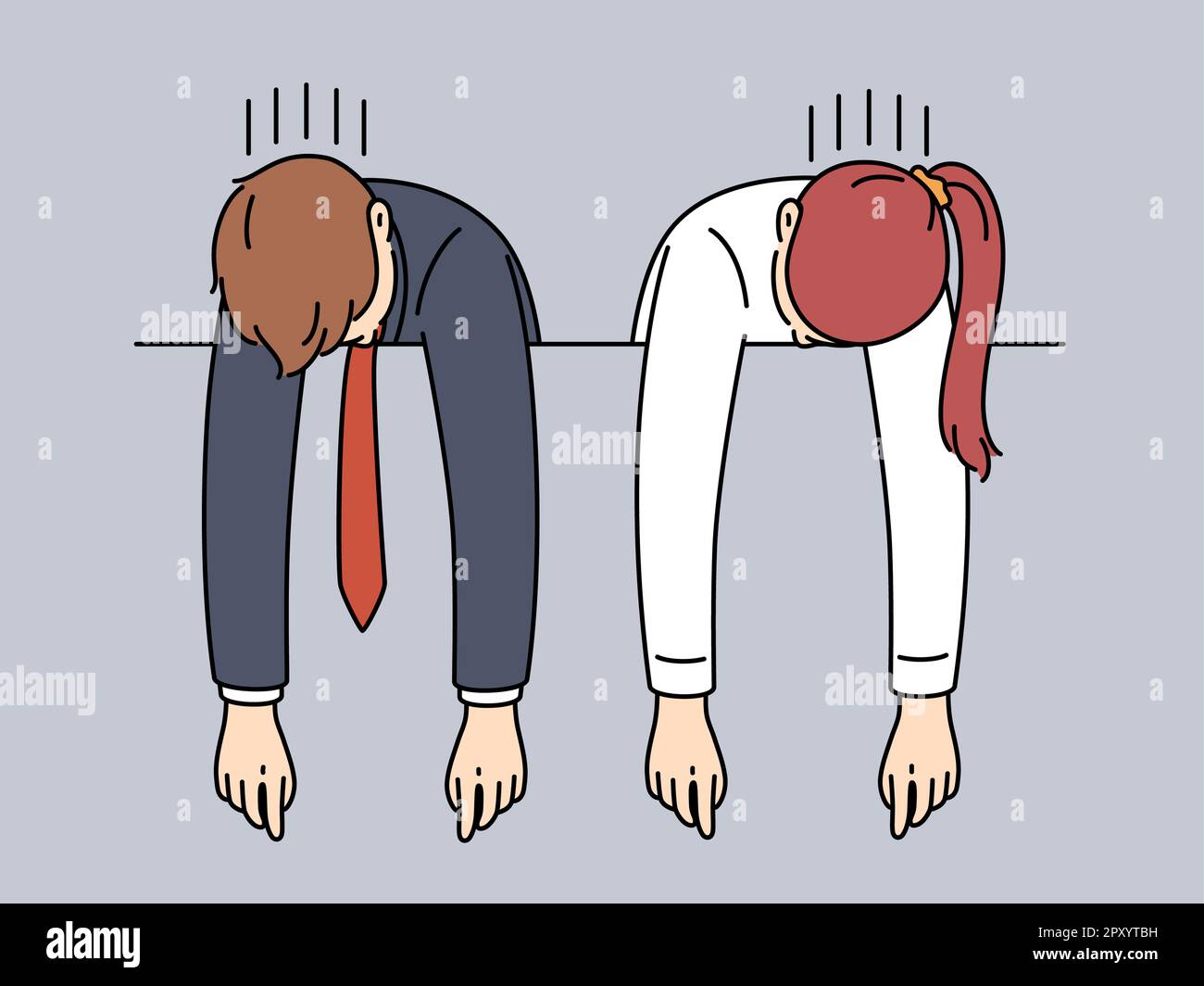 Tired businesspeople lying on empty white board suffer from exhaustion ...