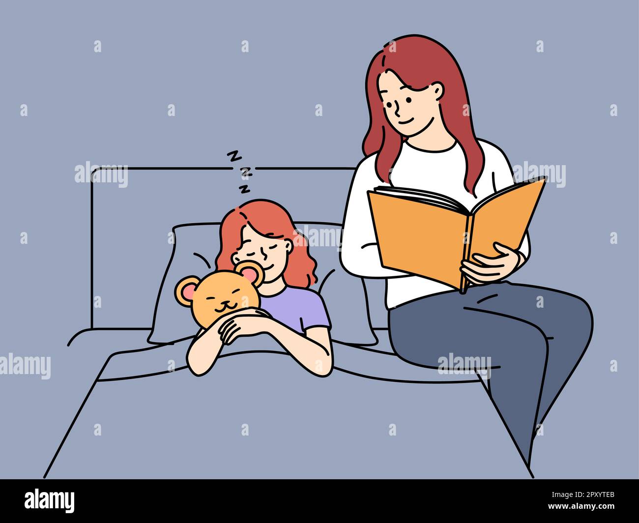 Loving young mother sit in bed reading book to sleepy daughter. Caring ...
