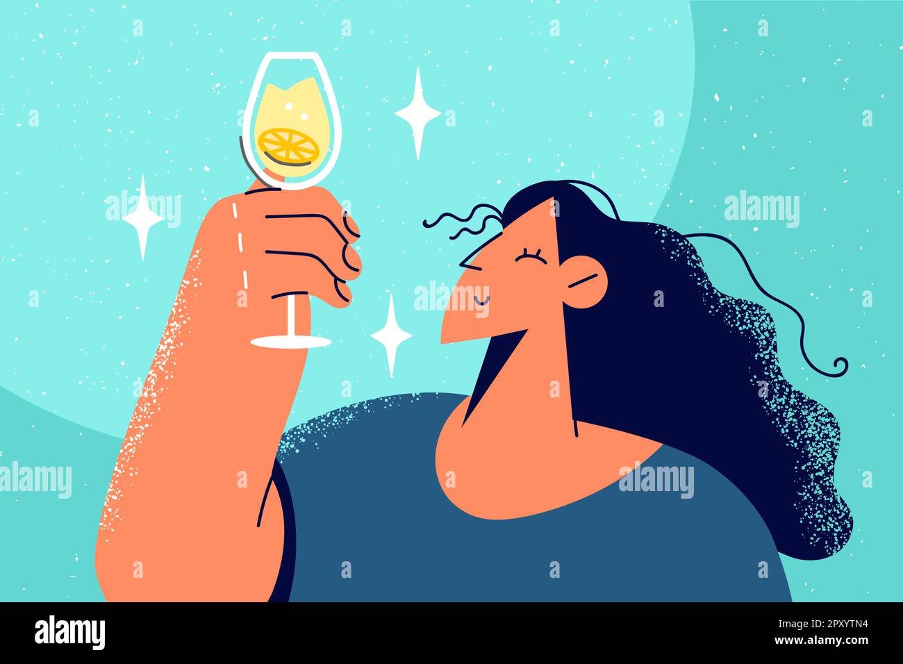 Happy woman hold glass with cold cocktail. Smiling girl look at fizzy ...