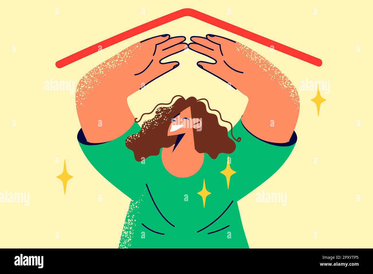 Smiling woman make roof with hands excited with own housing or dwelling ...