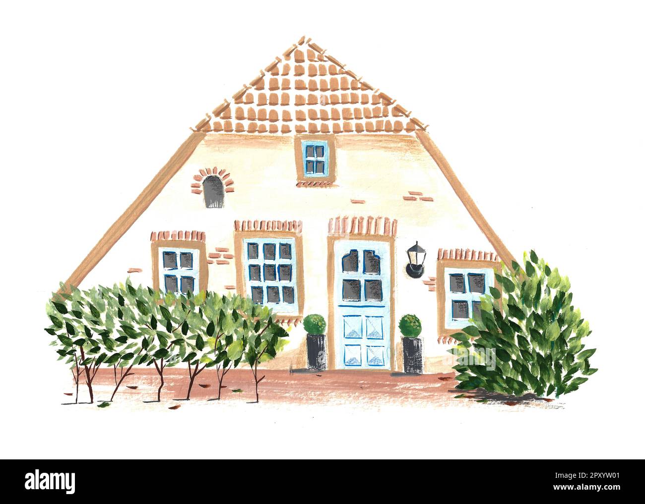 Hand painted Dutch farm house illustration isolated over white ...
