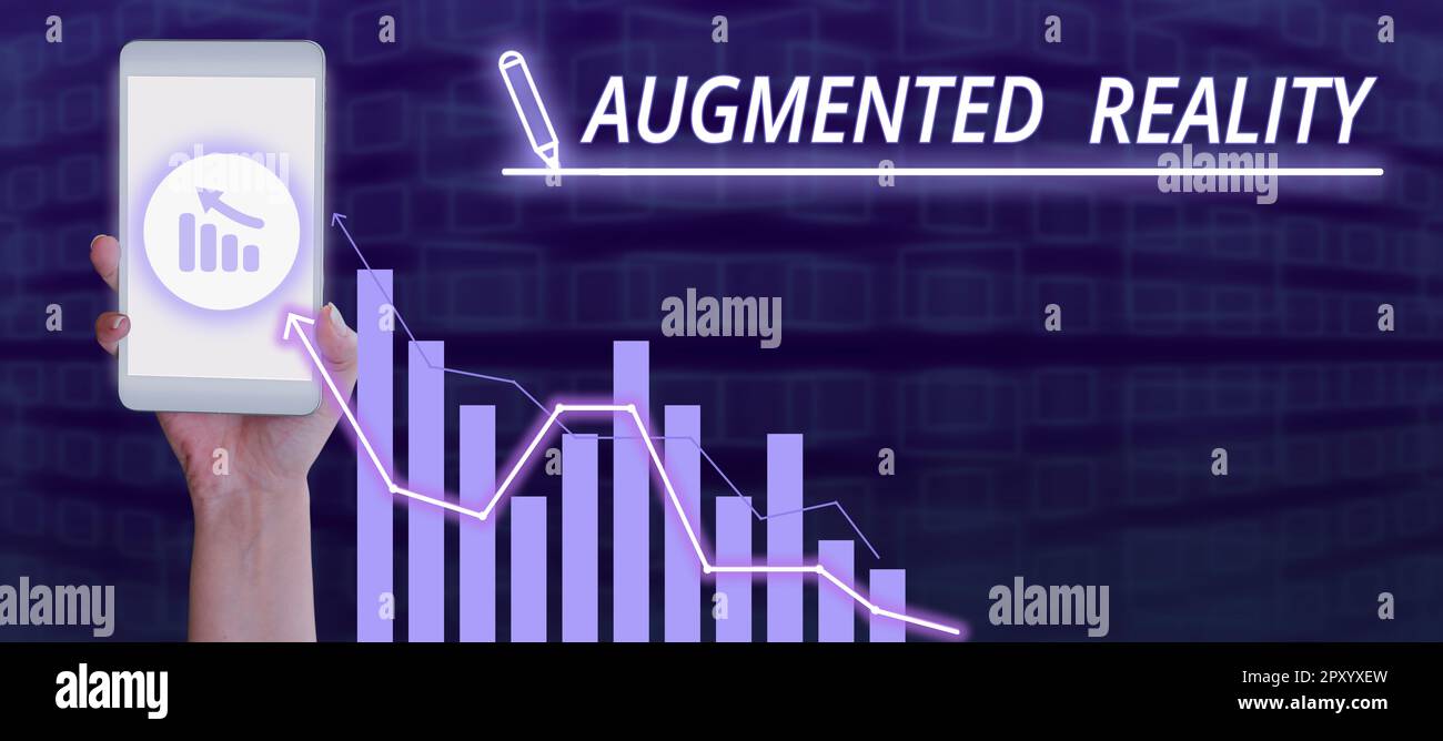 Hand writing sign Augmented Reality, Word for technology that imposes ...