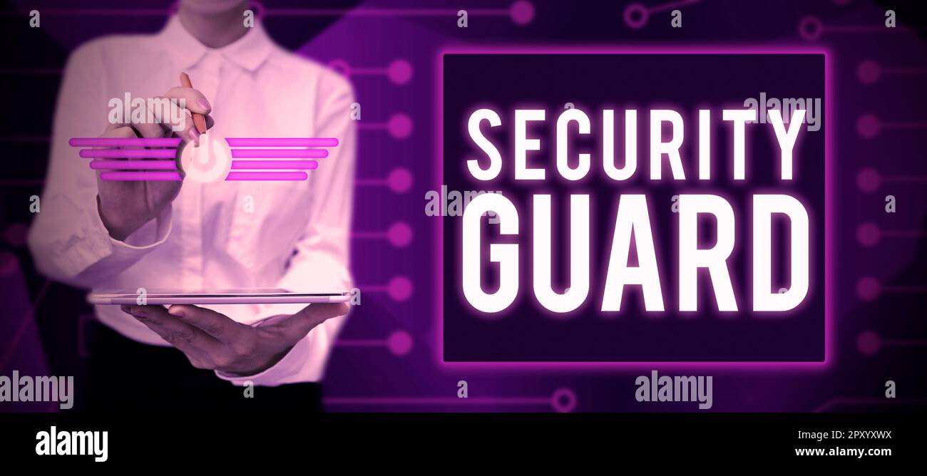 Sign displaying Security Guard, Business idea tools used to manage ...