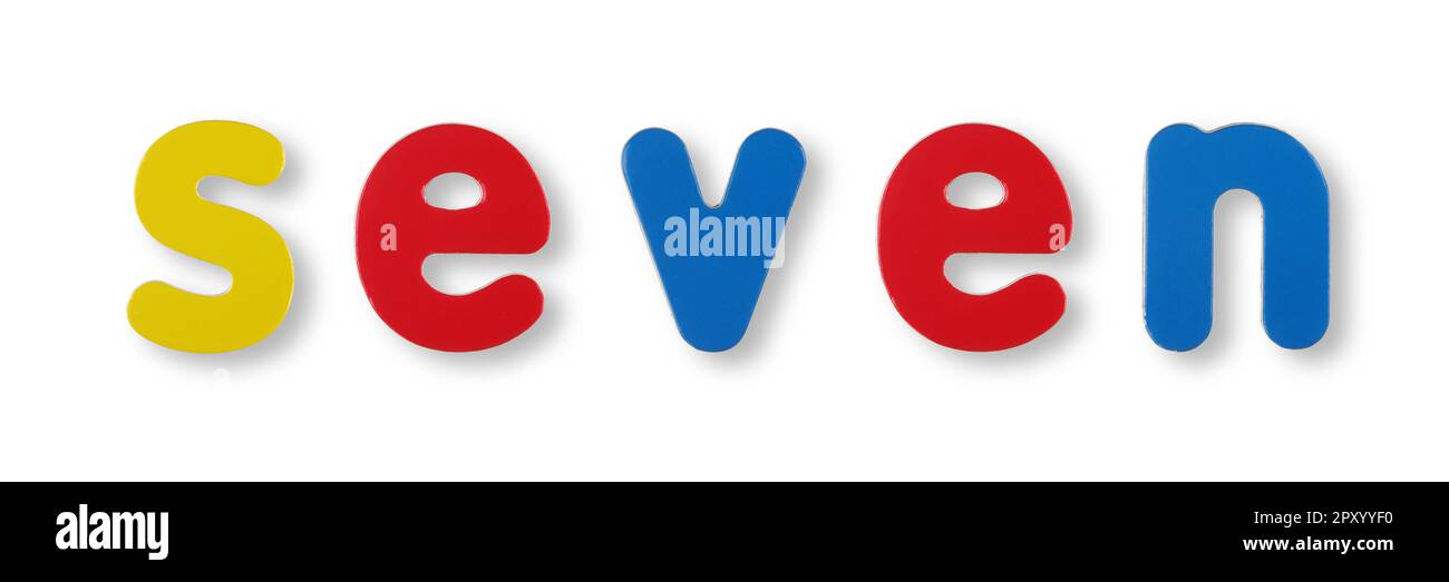 A seven word in coloured magnetic letters on white with clipping path ...