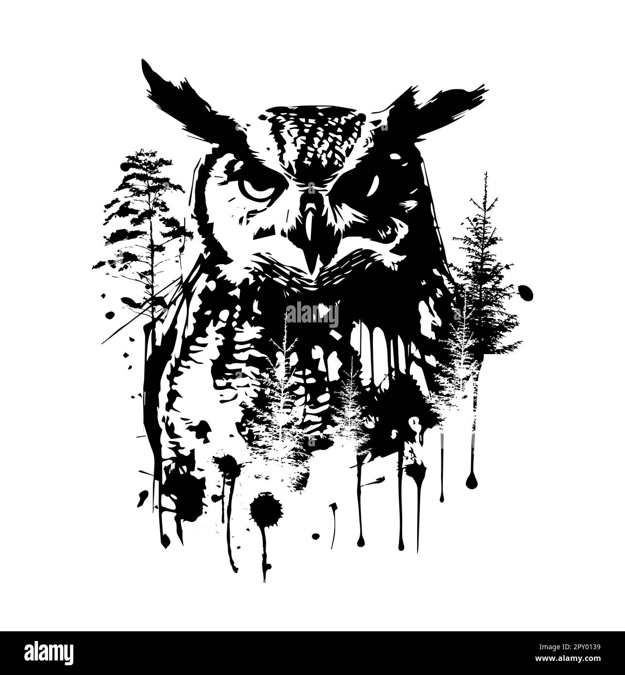 Monochrome graphic portrait of an owl in the forest. Abstraction trees ...