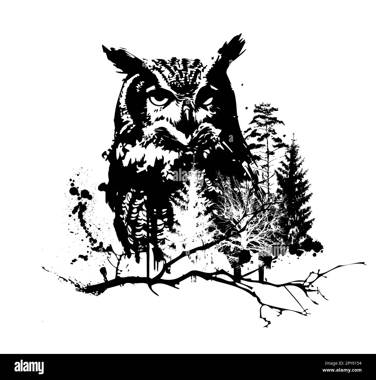 Monochrome graphic portrait of an owl in the forest. Abstraction trees ...