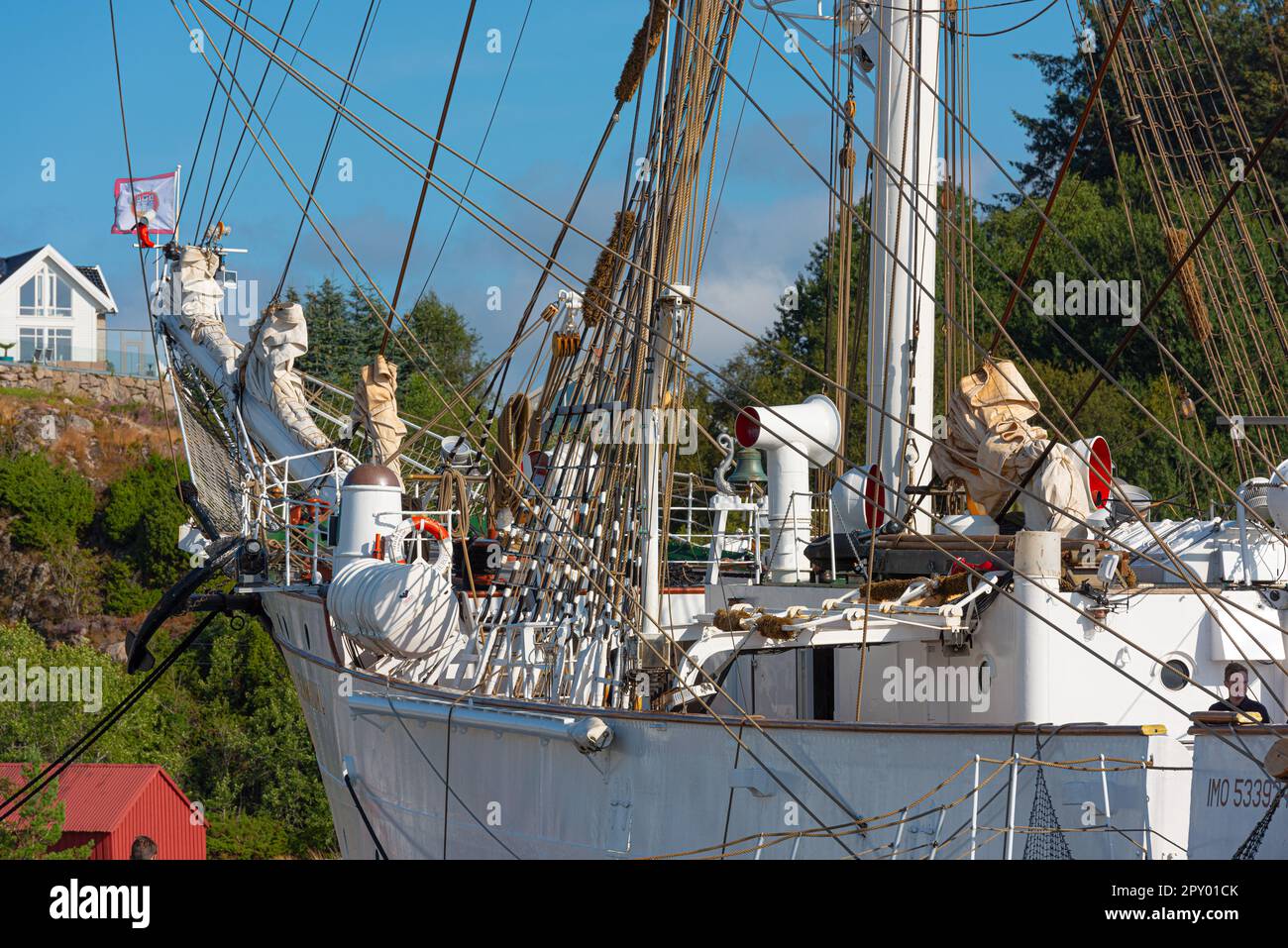 Lindesnes, Norway - August 08 2021: Details of deck and rig of sail ...