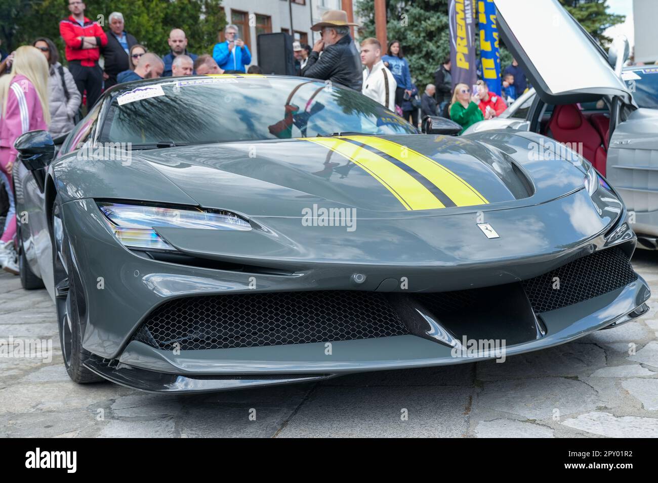 A group of people standing around a grey Ferrari car parked on the ...