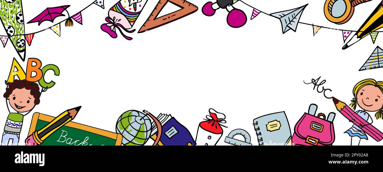 Back to school -cute boys and girls with rulers, pencils, brushes and ...