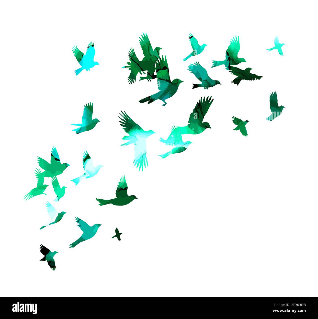 A flock of green watercolor flying birds. Vector illustration Stock ...