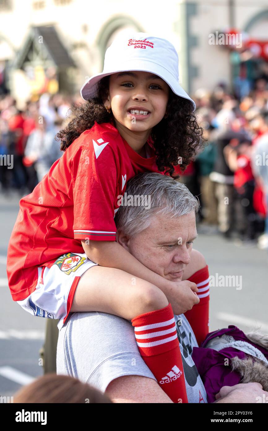 Wrexham, UK. 02nd May, 2023. A Wrexham AFC fan during the Wrexham AFC ...