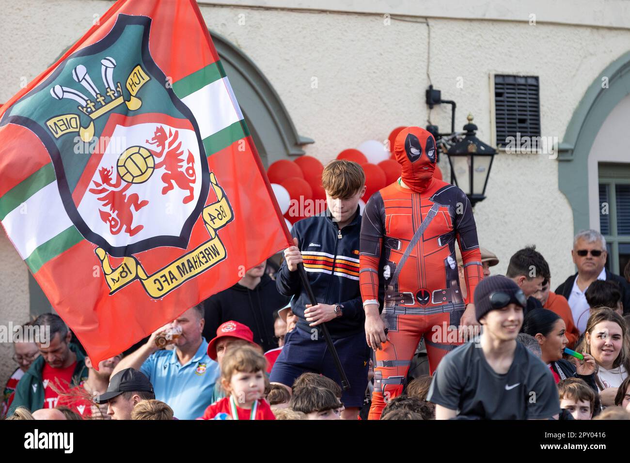 Wrexham, UK. 02nd May, 2023. A Wrexham AFC fan dressed as Deadpool ...