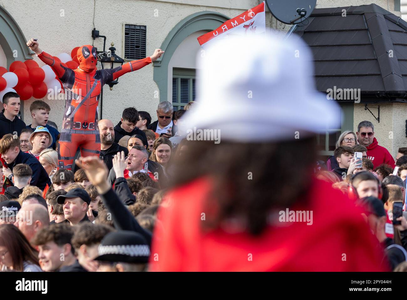 Wrexham, UK. 02nd May, 2023. A Wrexham AFC fan dressed as Deadpool ...