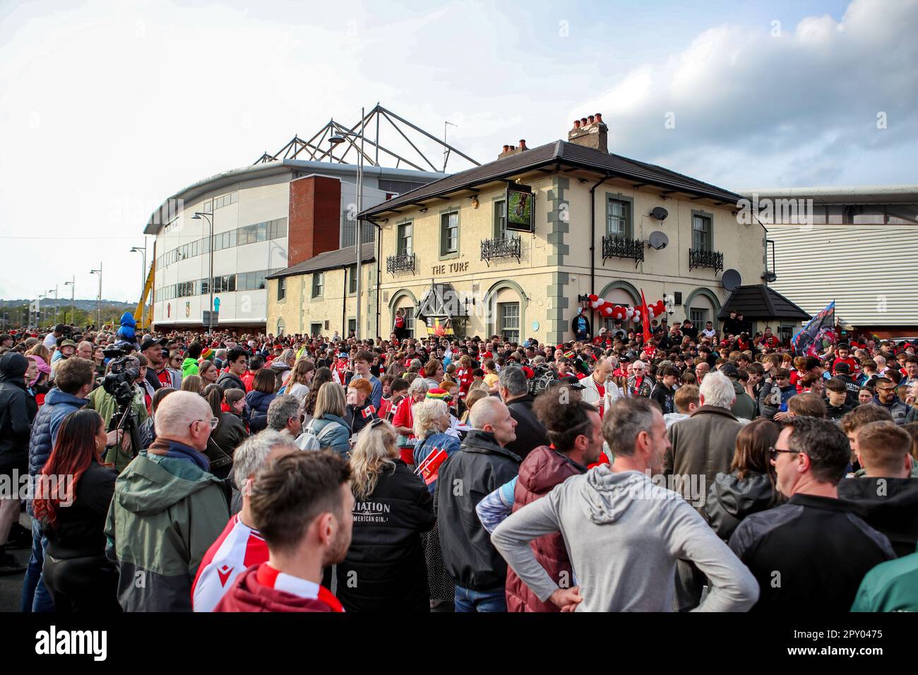 Wrexham, UK. 02nd May, 2023. Fan's gather outside The Racecourse Ground ...