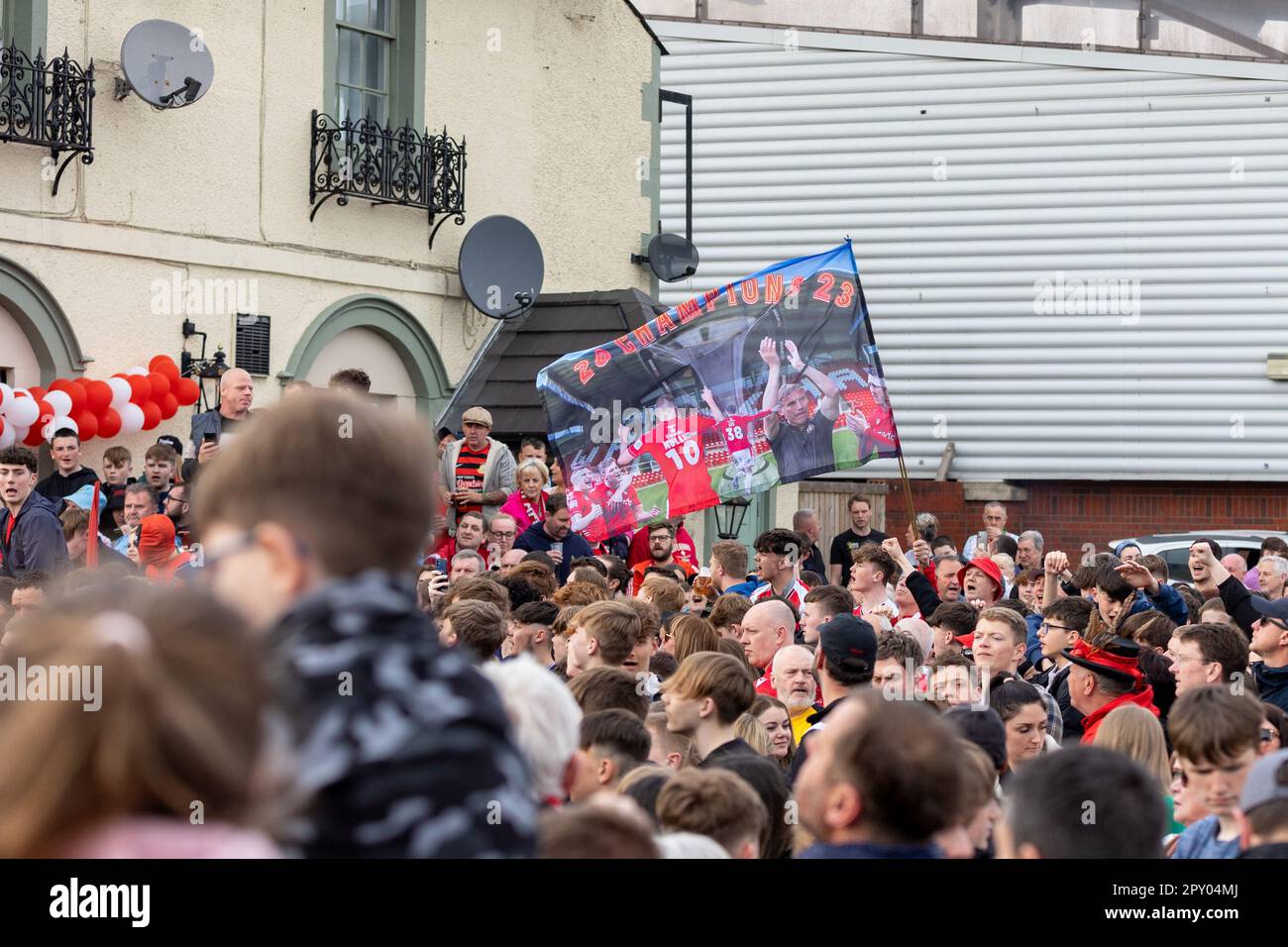 Wrexham, UK. 02nd May, 2023. Wrexham AFC fans during the Wrexham AFC ...