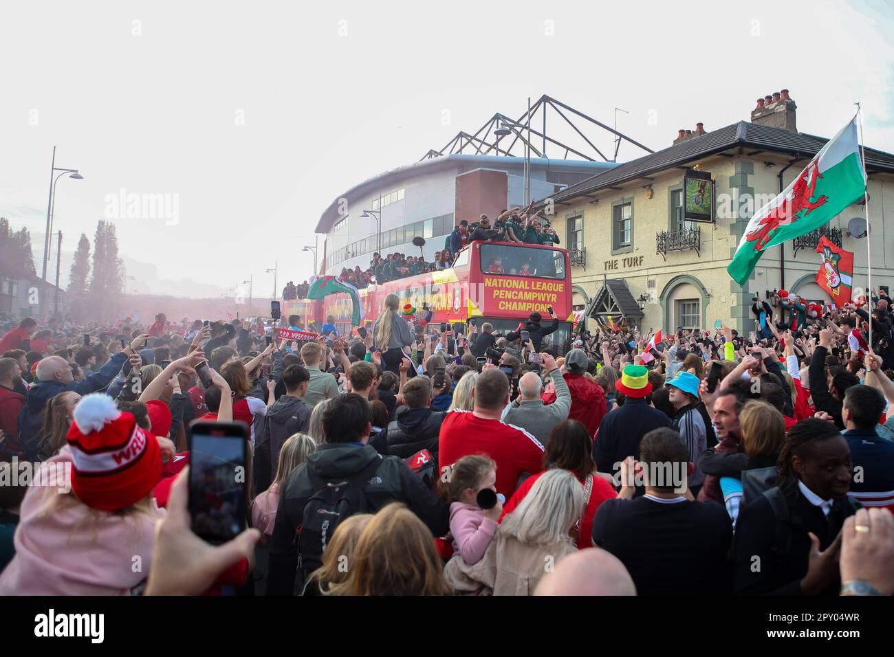 Wrexham, UK. 02nd May, 2023. The Wrexham AFC victory parade passed The ...