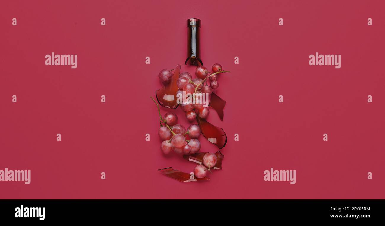 Broken glass wine bottle and ripe grapes on viva magenta background ...