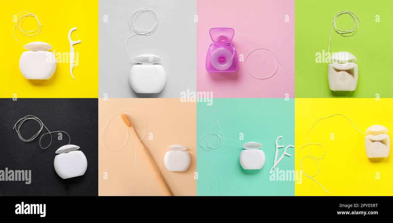 Collage of dental flosses with tooth brush and toothpicks on color ...