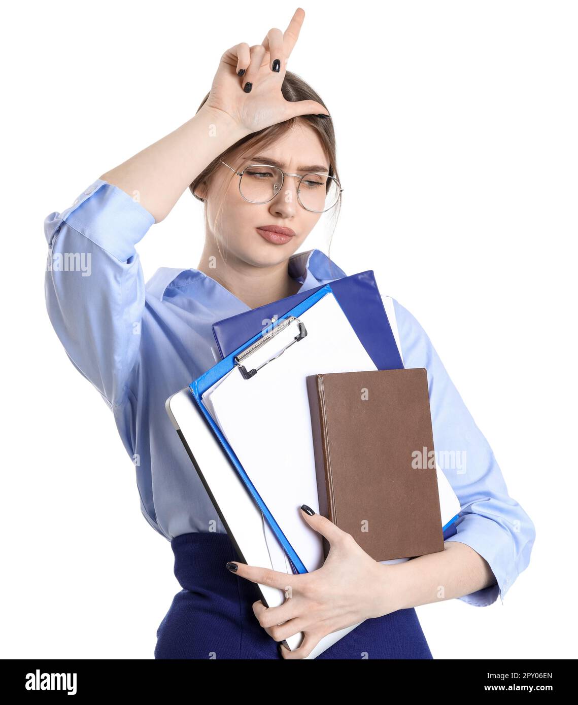 Sad businesswoman with documents showing loser gesture on white ...